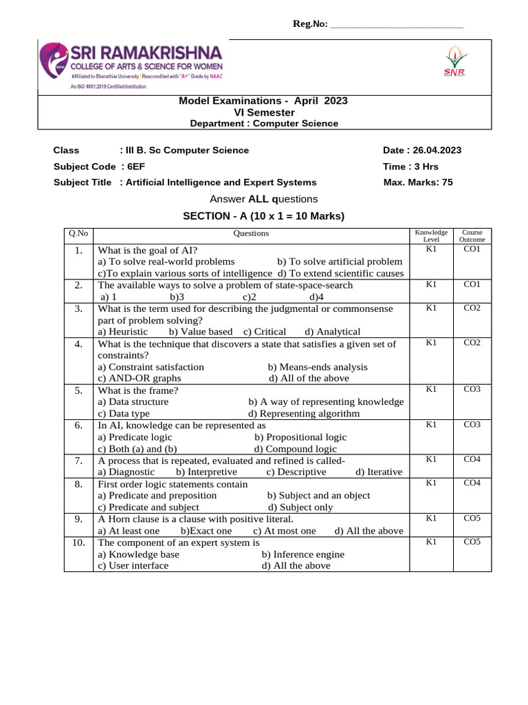 AI - Model Exam Question Paper | PDF | Artificial Intelligence ...