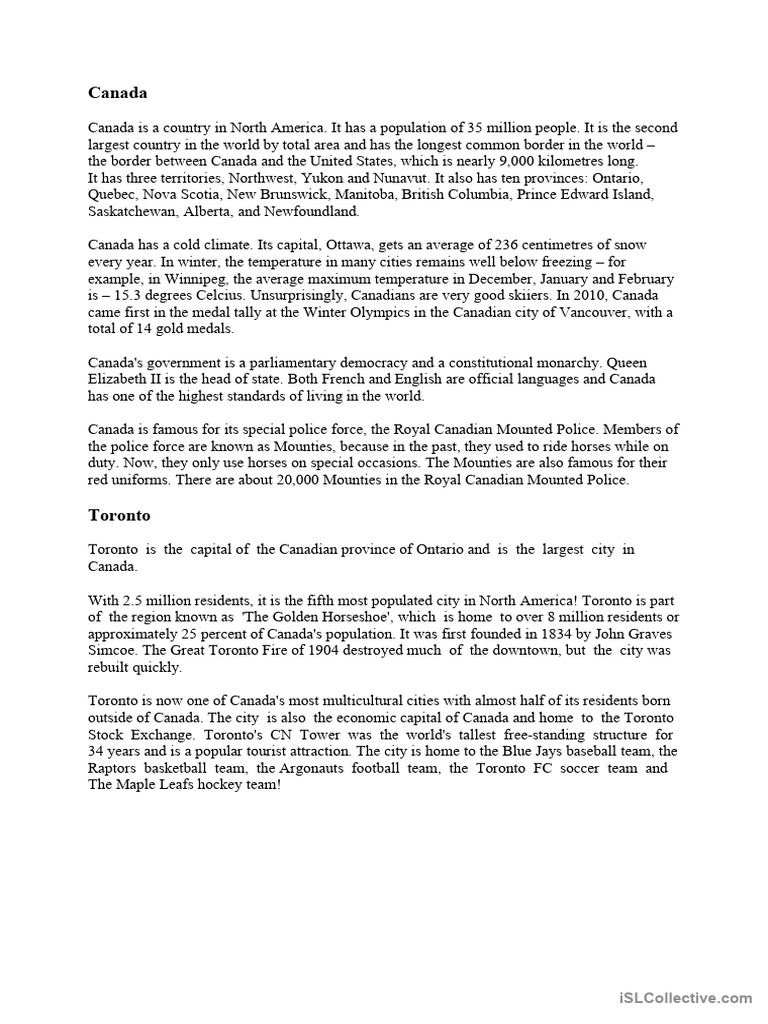 Canada Reading Comprehension | PDF | Provinces And Territories Of ...