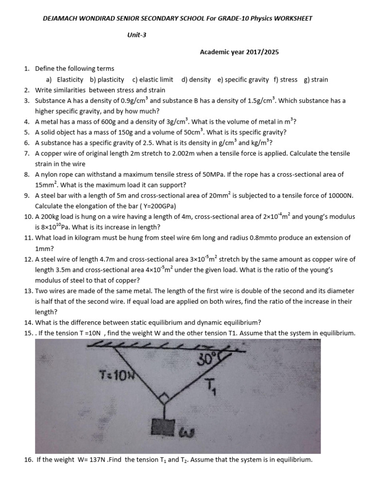 Work Sheet For Grade 10 Unit-3 Physics | PDF | Deformation (Engineering ...