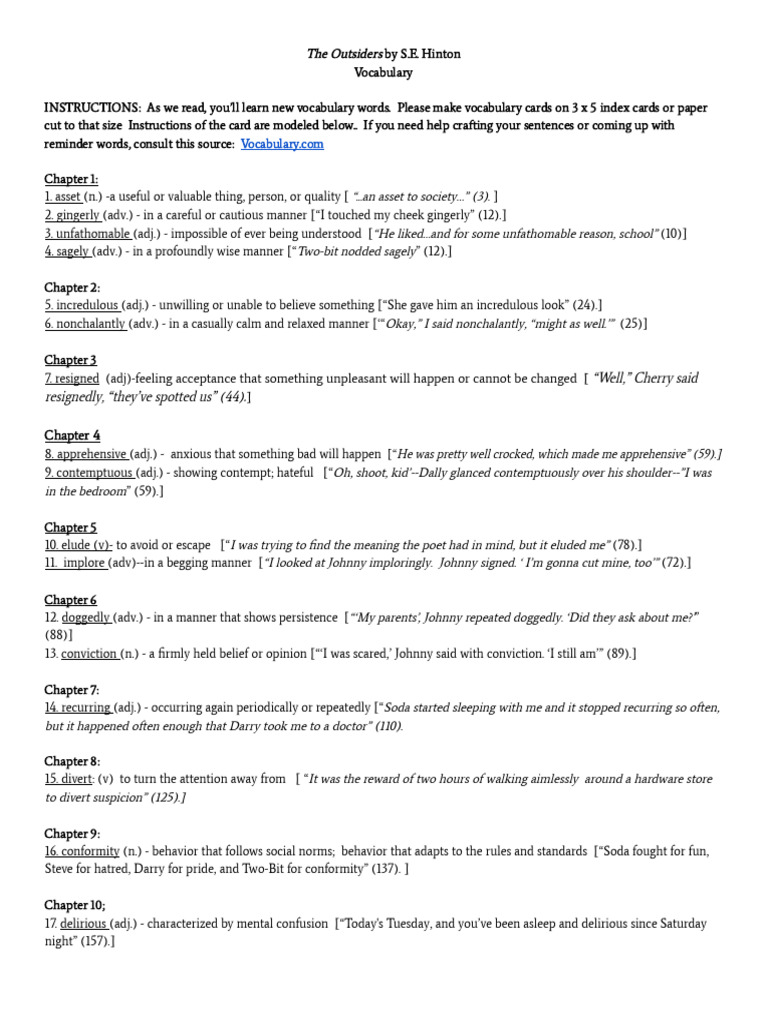 Vocabulary The Outsiders by S.E. Hinton | PDF