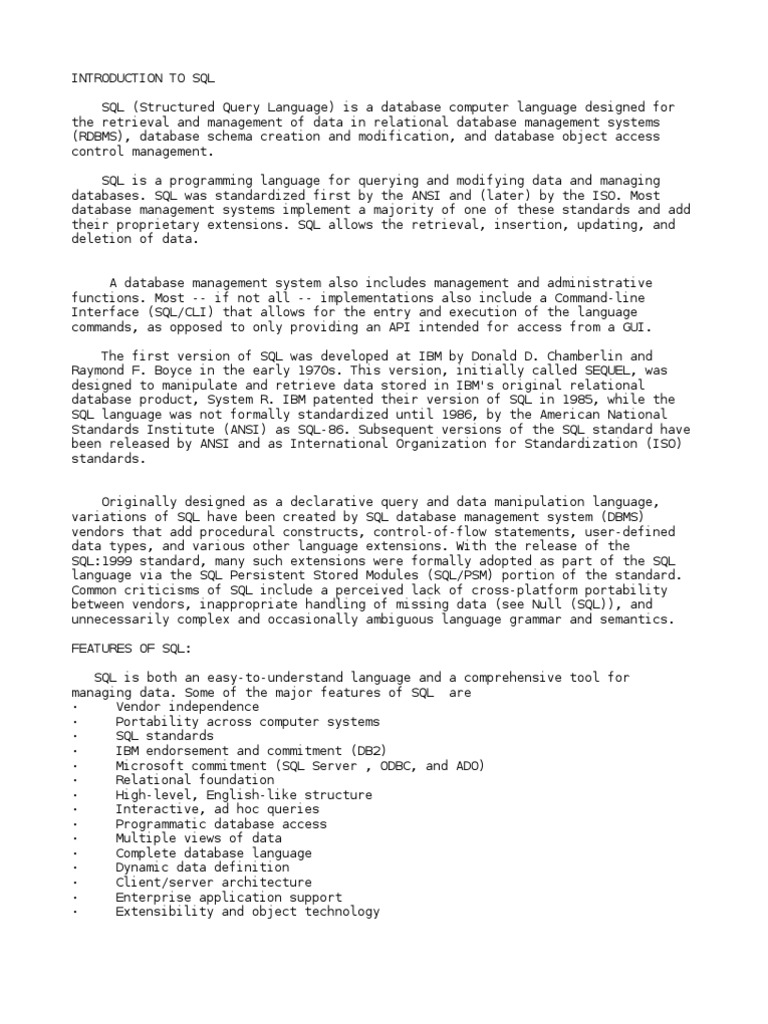 Introduction To SQL | PDF | Sql | Databases