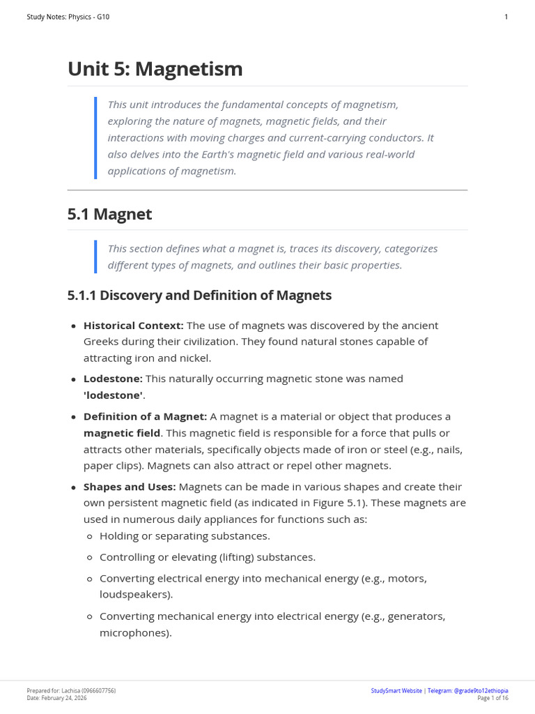Unit 5: Magnetism: 5.1 Magnet | PDF | Magnetic Field | Magnet