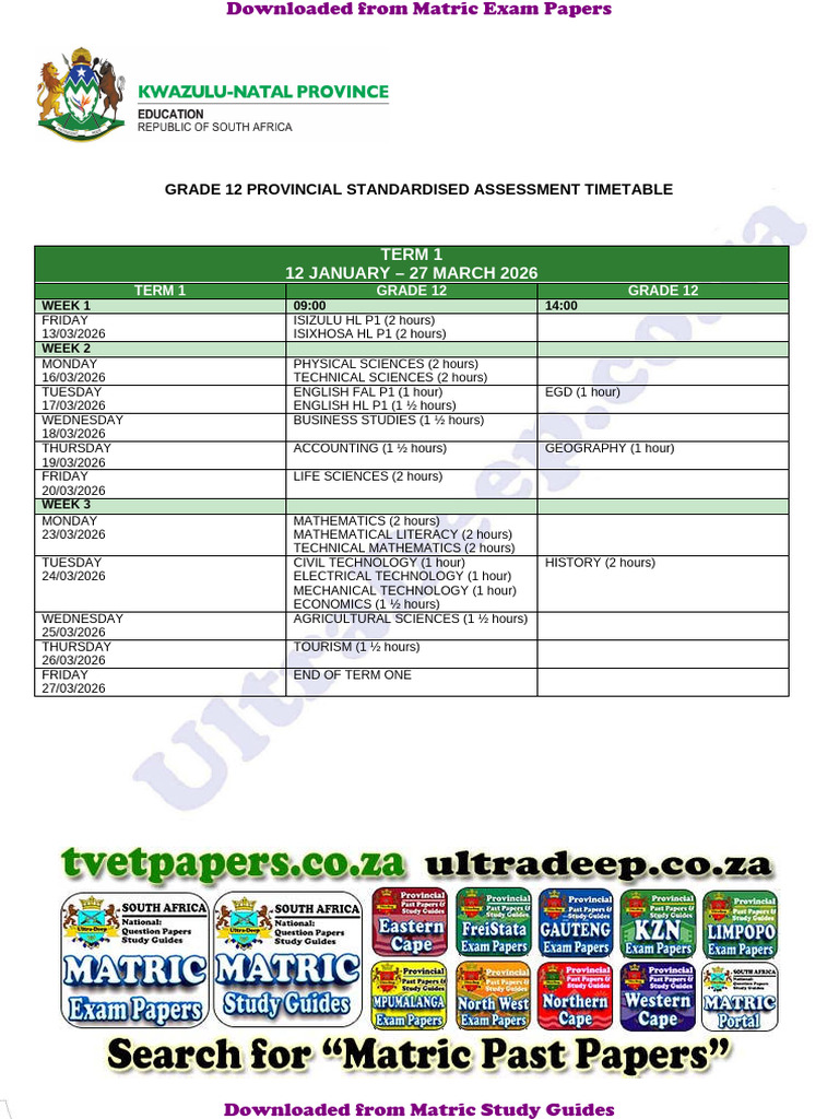 KZN Grade 12 Timetable T1 T2 T3 2026 - UltraDeep - Co.za | PDF