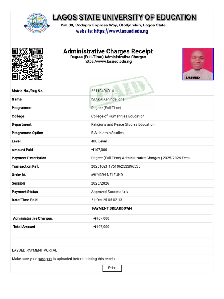 Administrative Charges - LASUED Payment Receipt | PDF