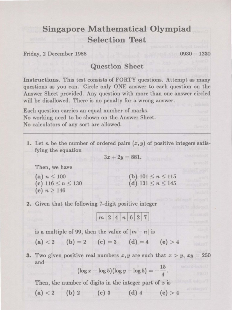 Singapore Mathematical Olympiad Selection Test: Question Sheet | PDF ...