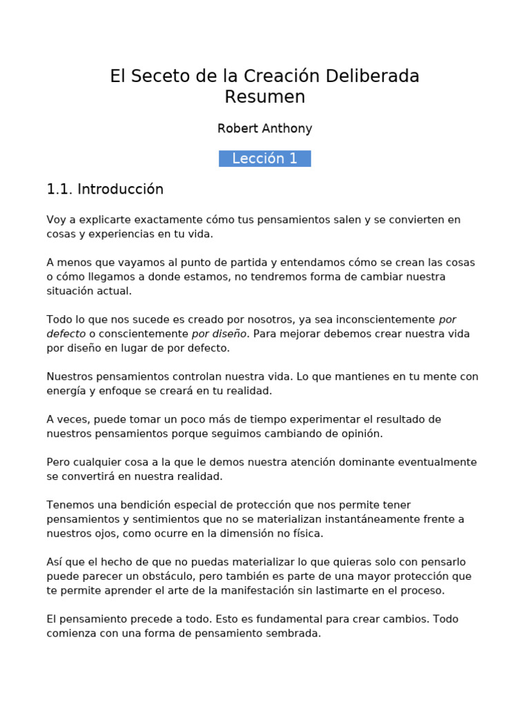 Robert Anthony El Seceto de La Creación Deliberada Resumen | PDF ...