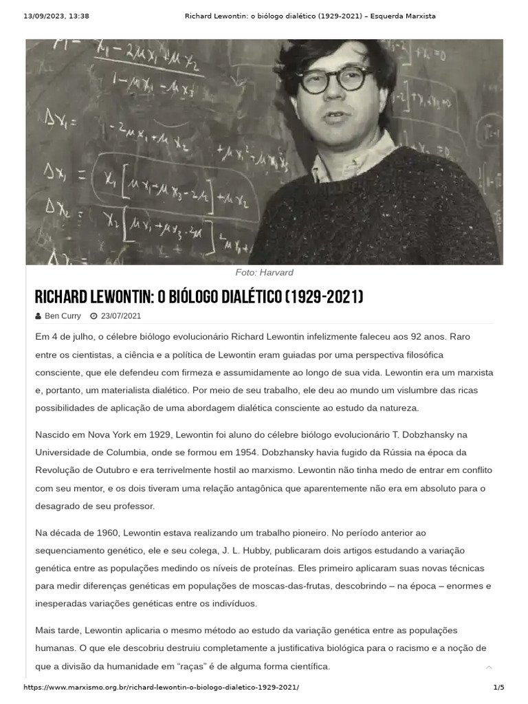Richard Lewontin - o Biólogo Dialético (1929-2021) - Esquerda Marxista ...