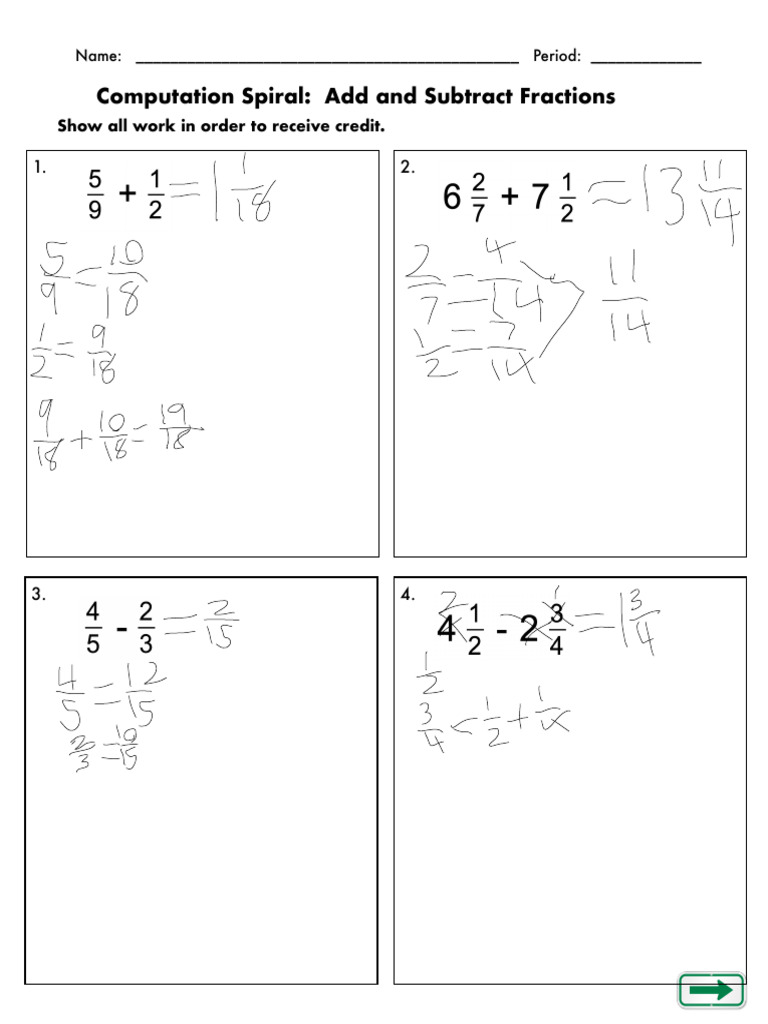 Computation Spiral Add - Subtracting Fractions and Mixed Numbers | PDF