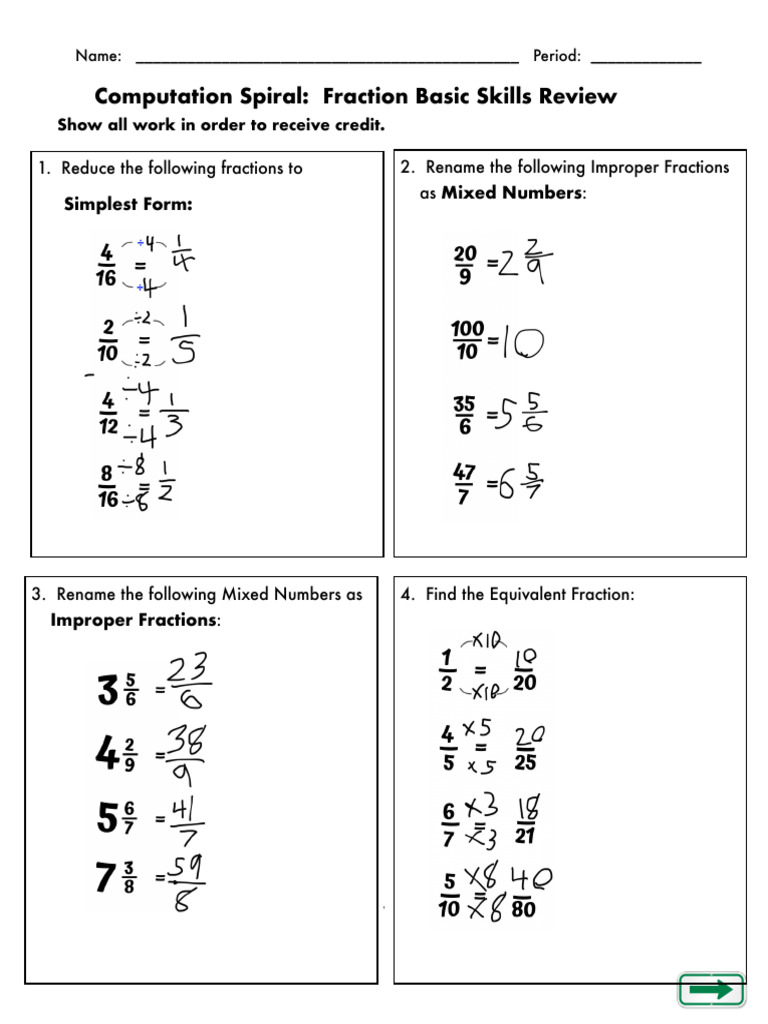 Computation Spiral Fraction Basic Skills Review | PDF