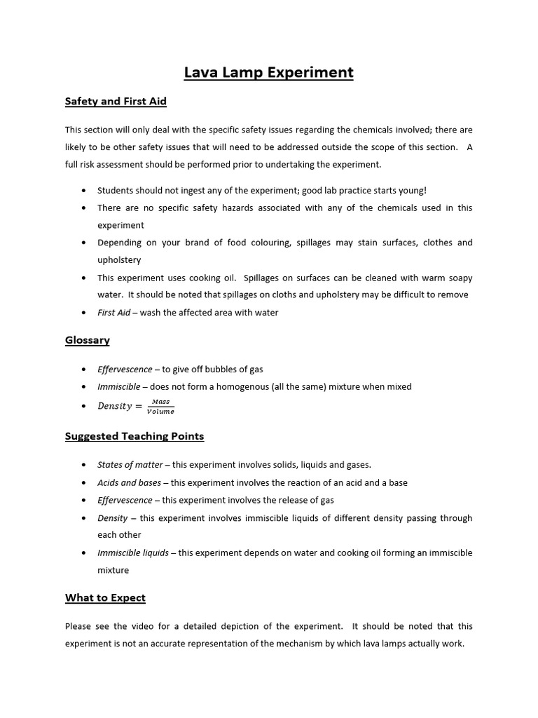 Lava Lamp Experiment Instructions | PDF | Water | Reaction Rate