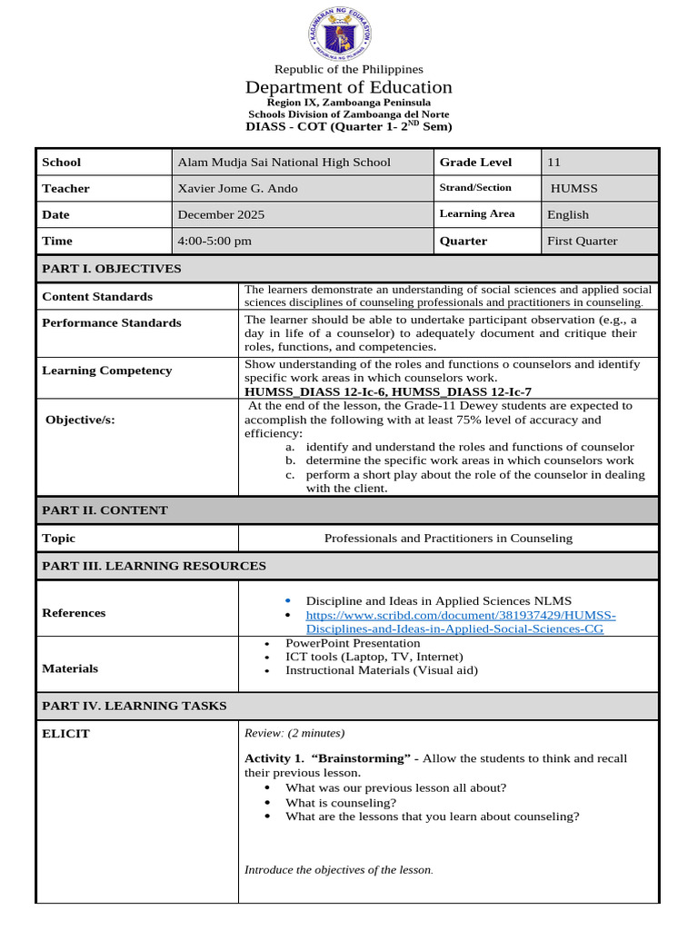 Diass Lesson Plan | PDF | Learning | Teachers