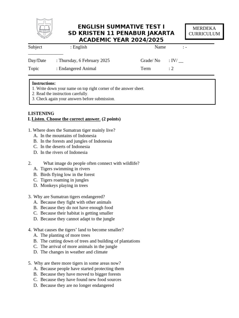 ENGLISH SUMMATIVE TEST I Sem2 2025 | PDF | Sea Turtle | Orangutan