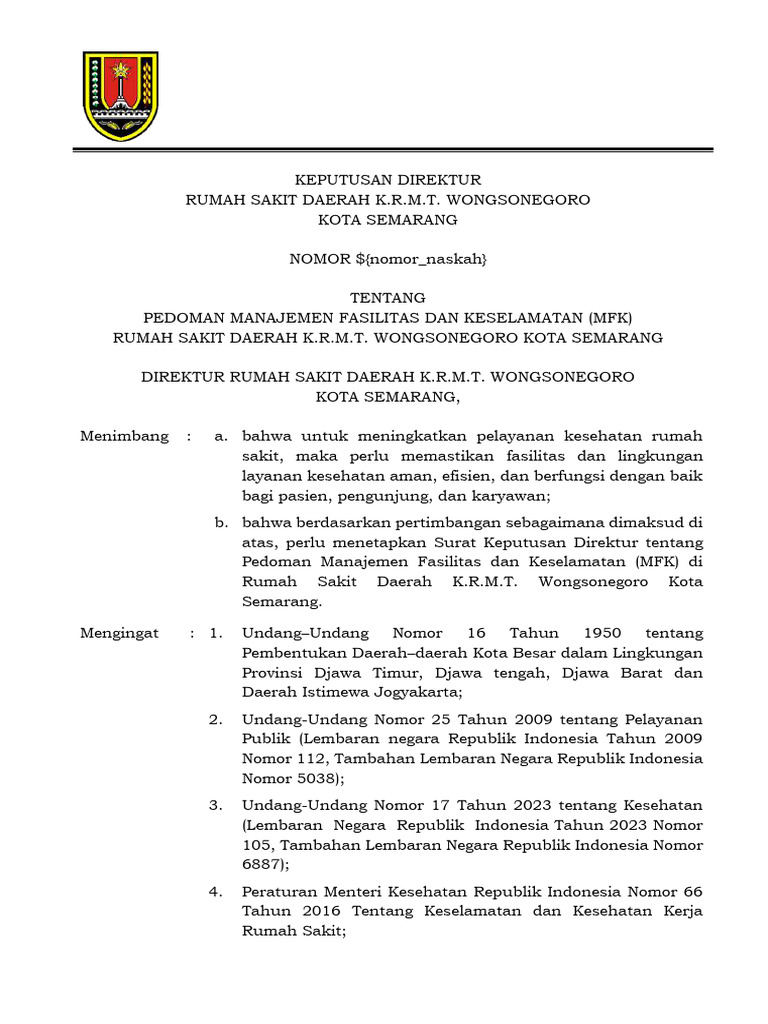 SK Pedoman MFK RSD K.R.M.T. Wongsonegoro Kota Semarang | PDF