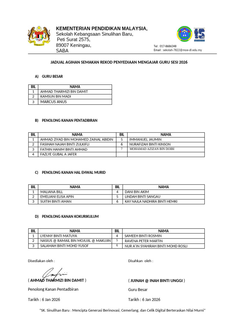 Jadual Pencerapan Dan Semakan Buku Latihan Murid Tahun 2026 | PDF