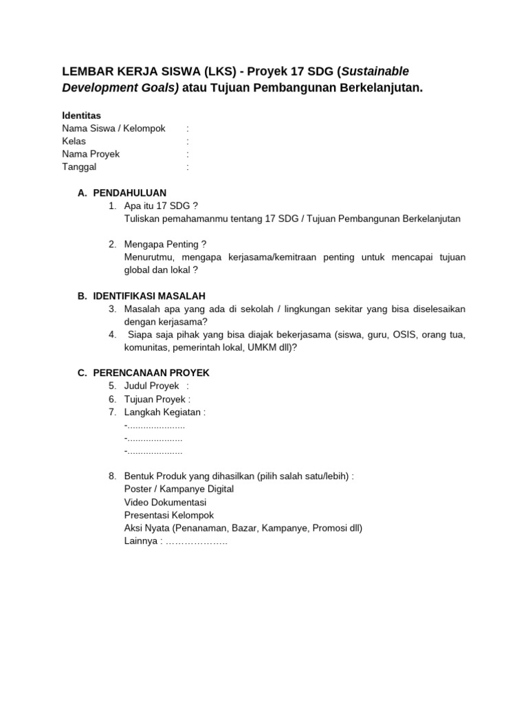 LEMBAR KERJA SISWA (LKS) - Proyek 17 SDG (Sustainable Development Goals ...