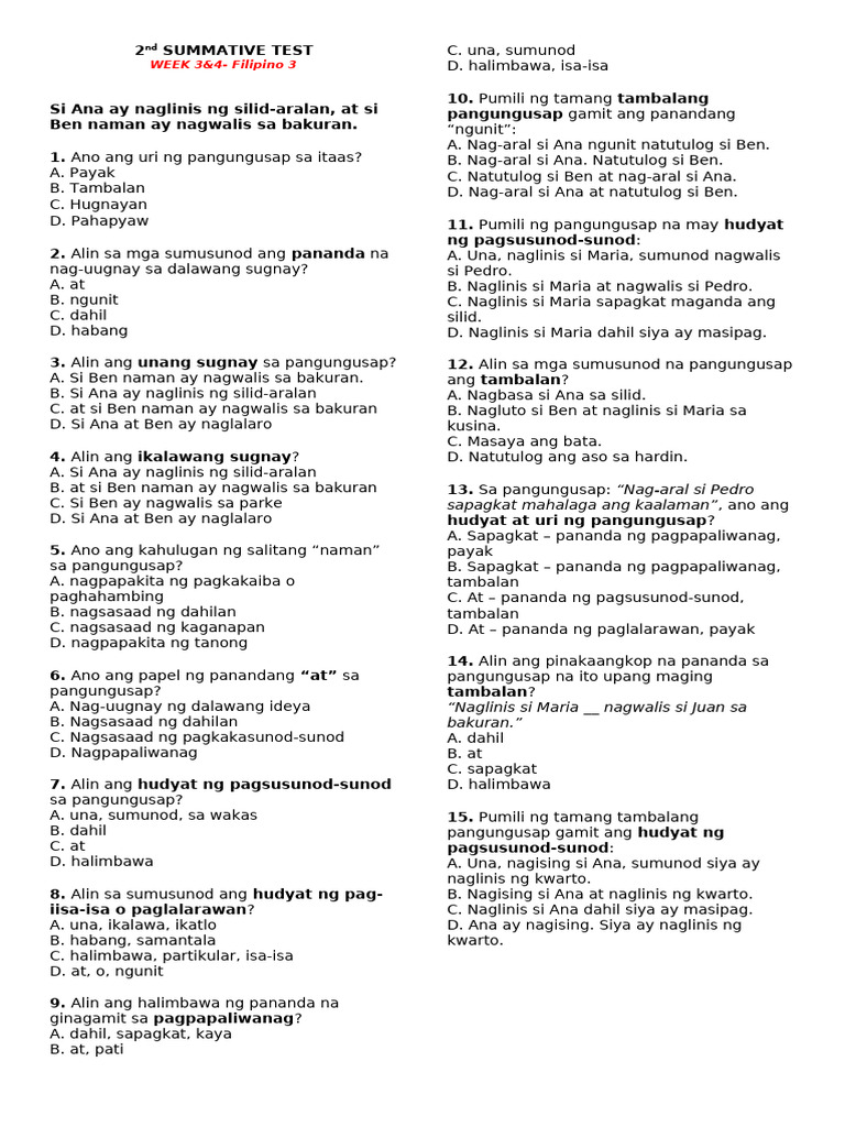 2nd SUMMATIVE TEST - FILIPINO-MAKABANSA | PDF