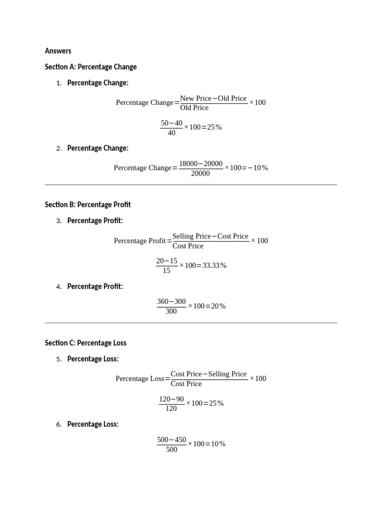 Worksheet-Percentage Change, Profit, and Loss A | PDF