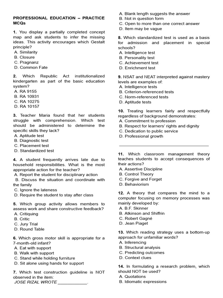 Professional Education - Practice Mcqs | PDF | Curriculum | Learning