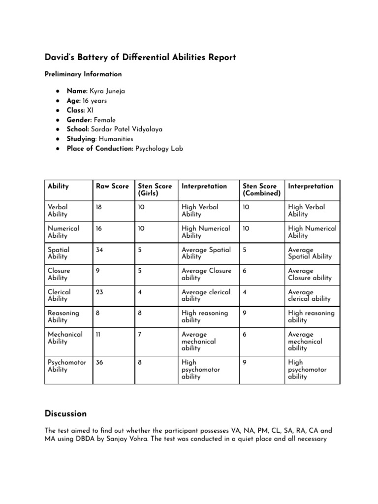 David's Battery of Differential Abilities Report | PDF | Reason | Thought