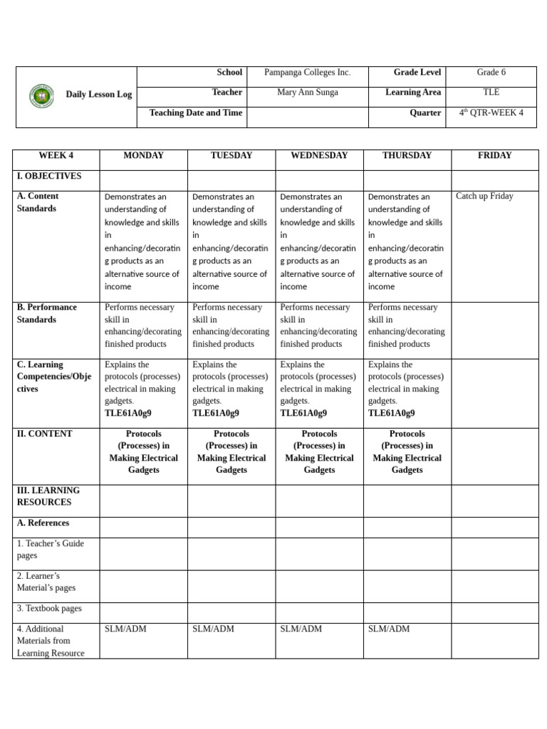 Daily Lesson Log Format | PDF | Electrician | Electrical Connector