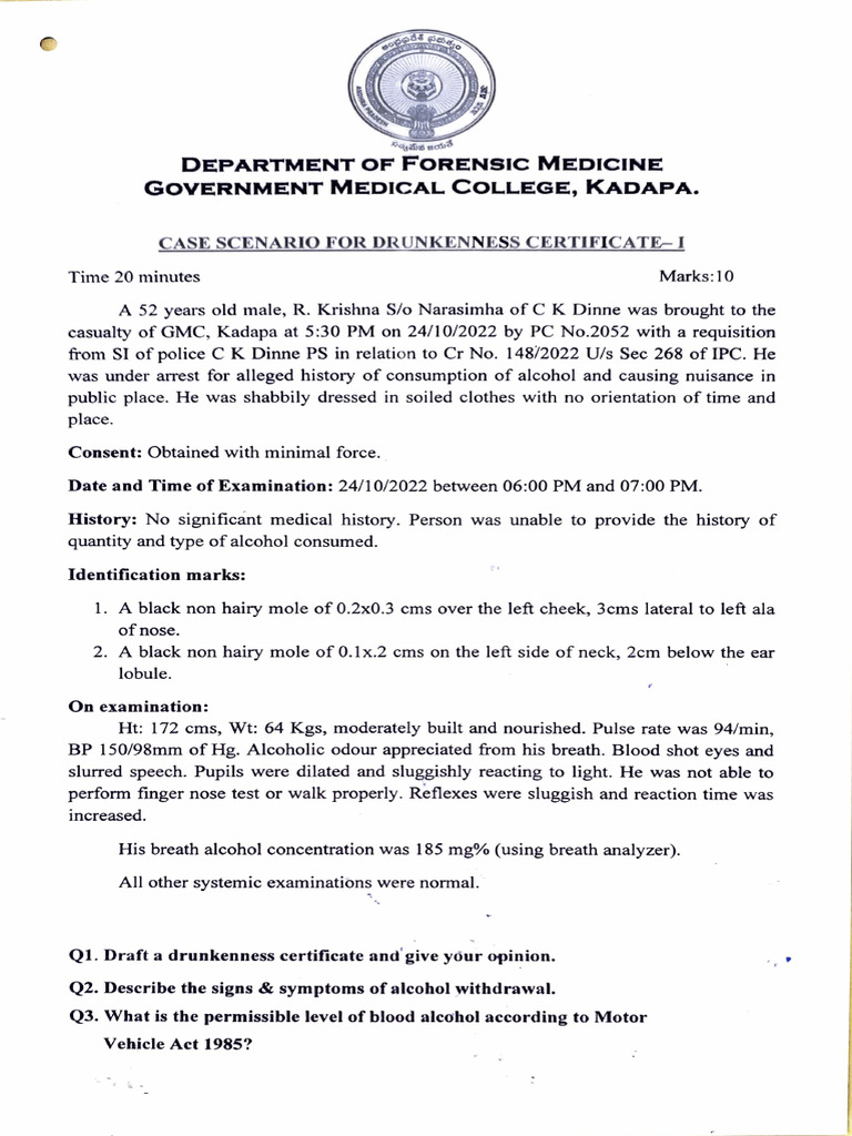 Drunkenness Certificate | PDF | Alcohol Intoxication | Alcohol And Health