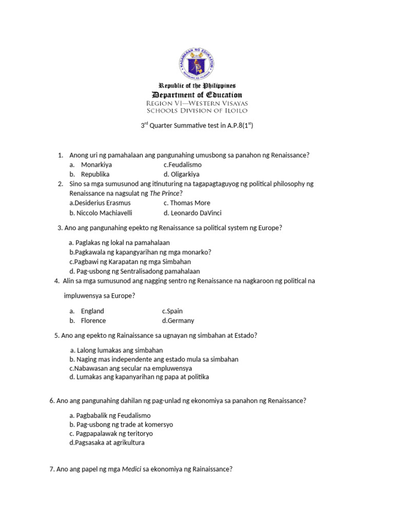 3rd Quarter Summative Test AP 8 | PDF