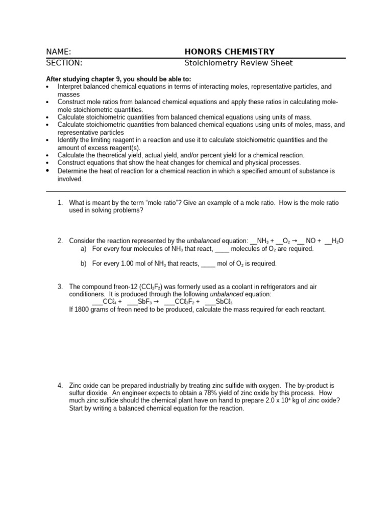 H Stoichiometry Review Sheet 2020 | PDF | Stoichiometry | Mole (Unit)