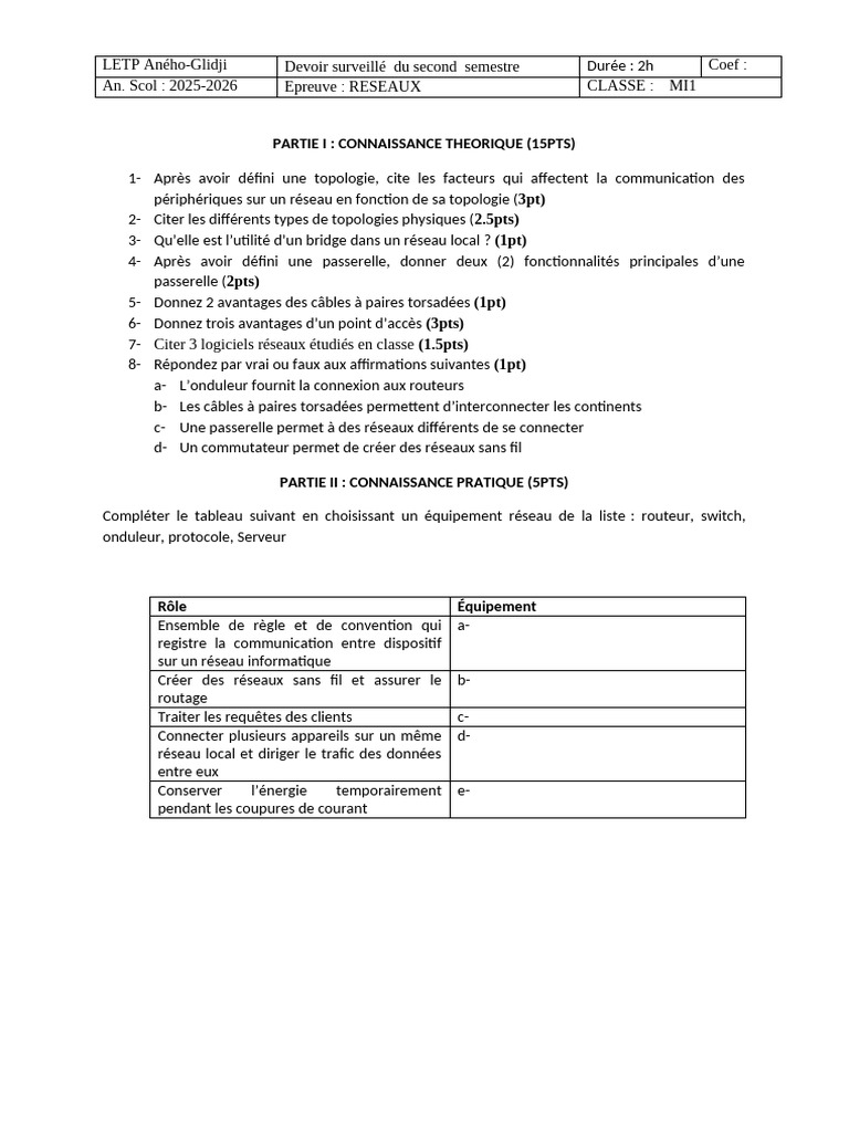 DS - 2 - Reseaux - Mi1 - 2025 - 2026 | PDF