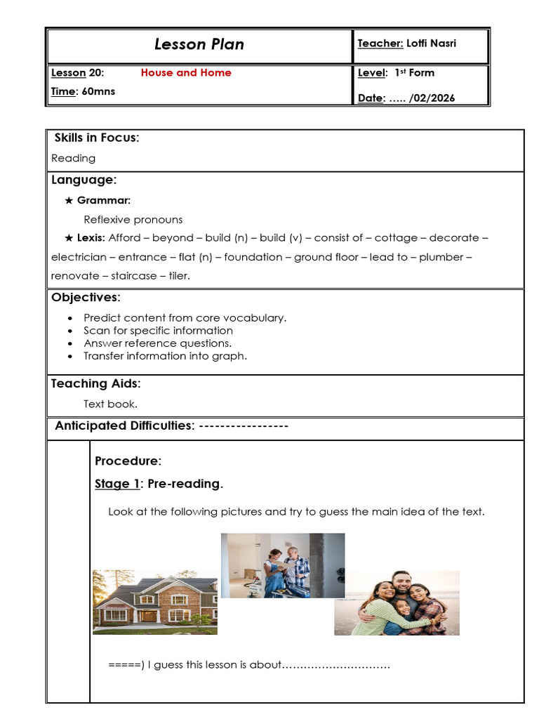 Lesson Plan 1st Form Lesson 20 House and Home | PDF | Language ...