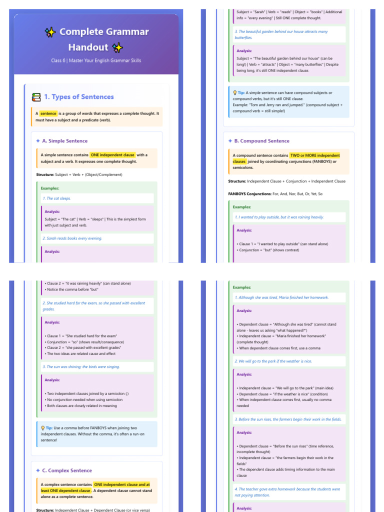 Class 6 Grammar Handout | PDF | Subject (Grammar) | Noun