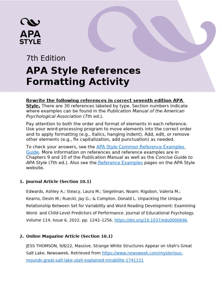 APA Style References Formatting Activity Handout 5 | PDF | Apa Style