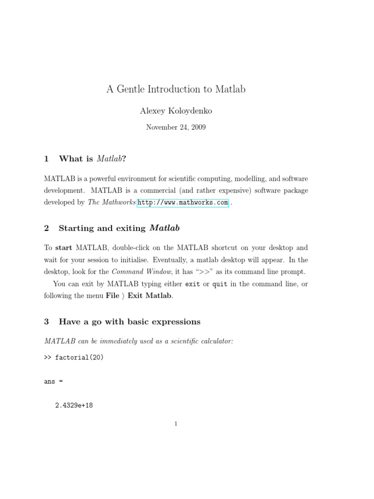 A Gentle Introduction To Matlab Alexey Koloydenko Pdf Matlab Matrix Mathematics