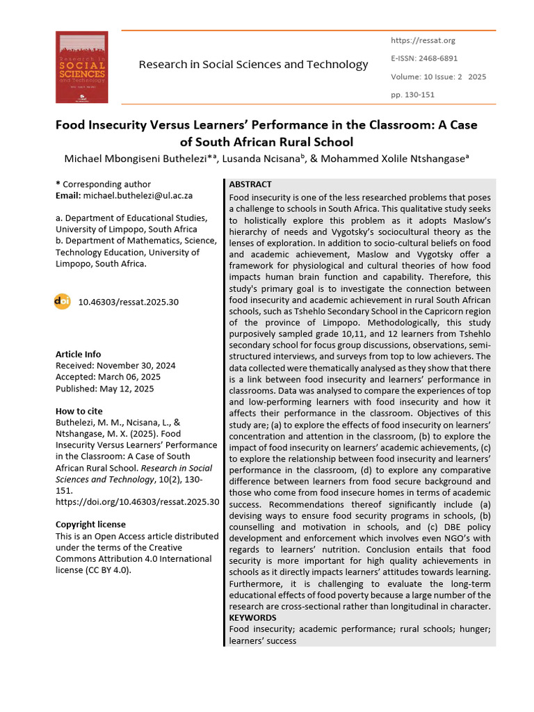 Food Insecurity Versus Learners' Performance in The Classroom | PDF ...