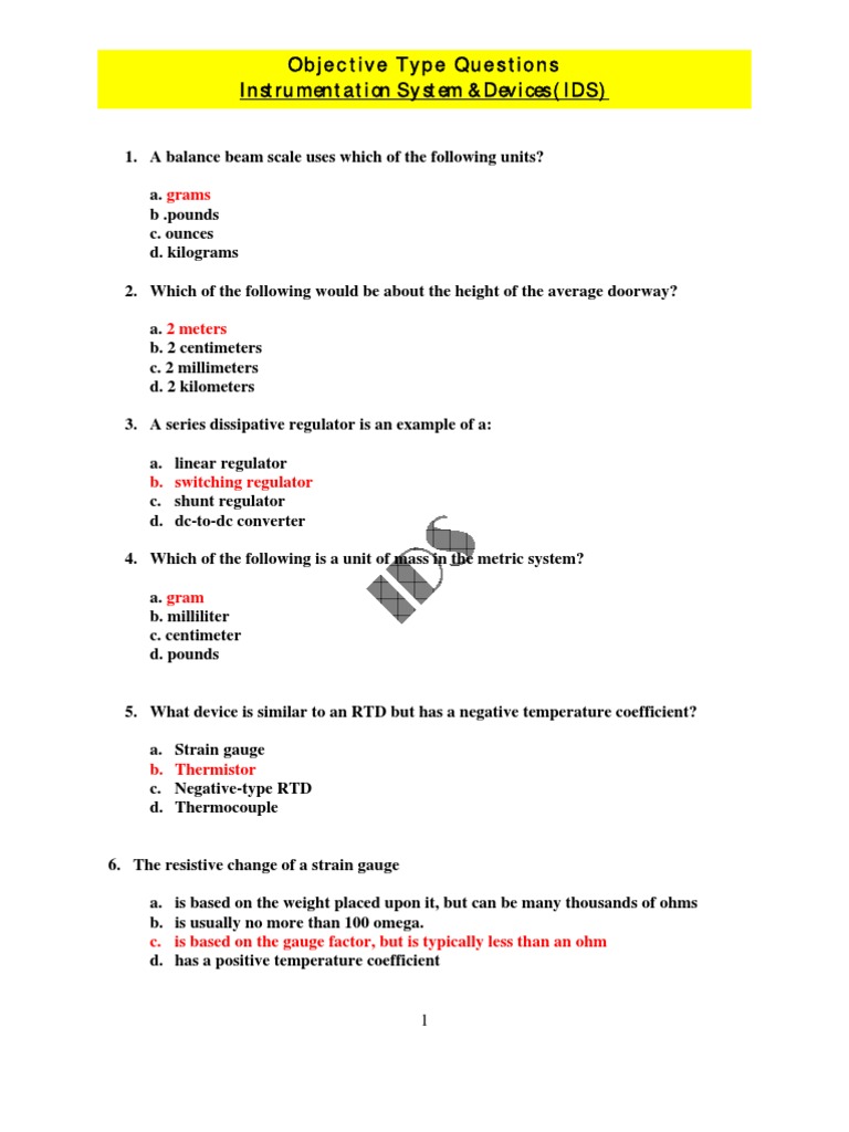 Objective Type Questions Instrumentation System & Devices (IDS) | PDF