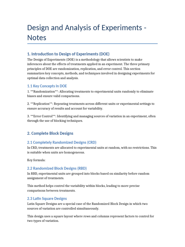 Design and Analysis of Experiments Notes | PDF | Experiment | Design Of ...