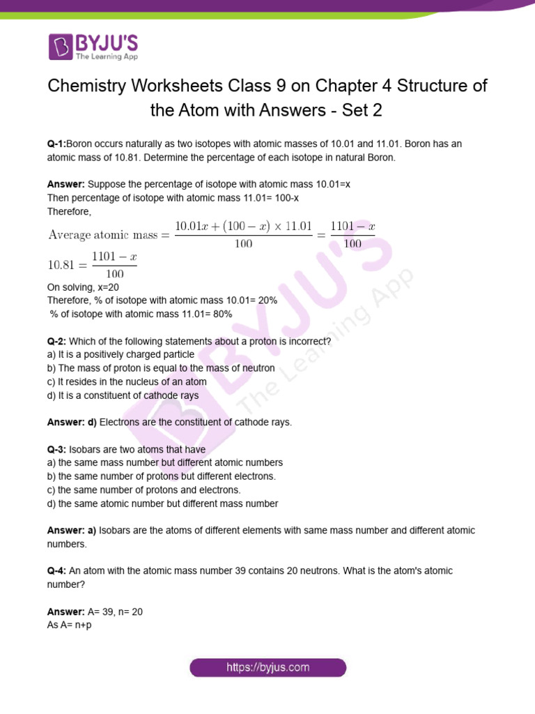 Chemistry Worksheets Class 9 on Chapter 4 Structure of the Atom With ...