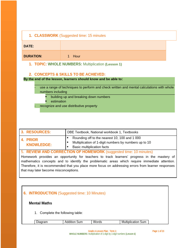 Maths Grade 4 Lesson Plans | PDF | Learning | Lesson Plan