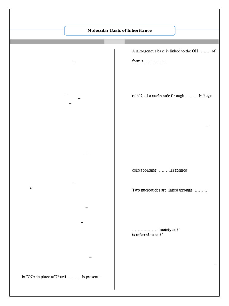 Revision Test 5 - Molecular Basis of Inheritance | PDF | Nucleotides | Dna