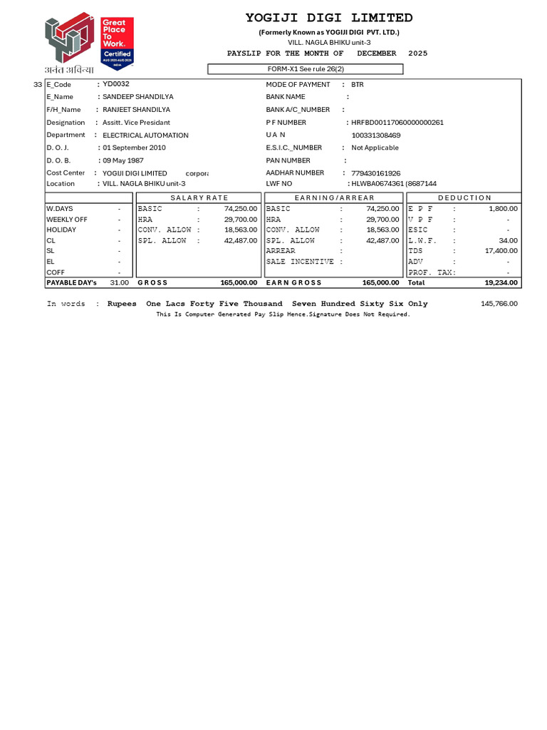Sandeep Shandilya Salary Slip Dec-2025 | PDF | Taxes | Government Finances