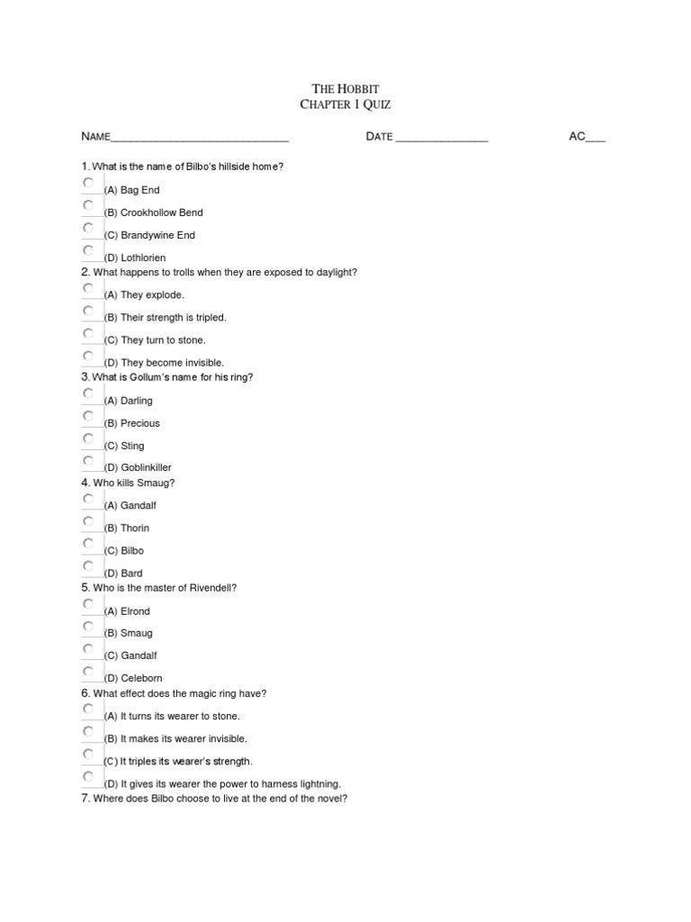 The Hobbit Quiz Chapter 1 | PDF | Bilbo Baggins | The Hobbit