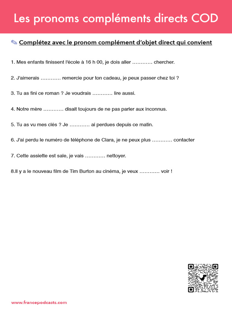 Les Pronoms Compléments Directs COD Exercice 1 | PDF