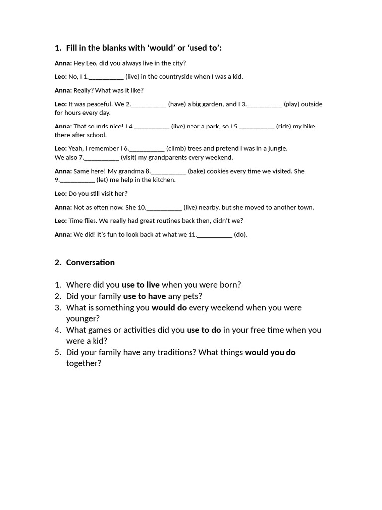 Fill in The Blanks and Conversation Used To Would | PDF