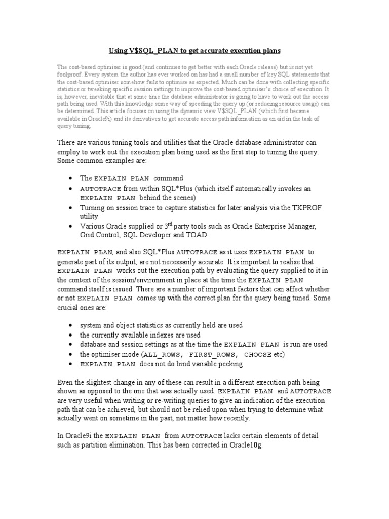 Using V$SQL - PLAN To Get Accurate Execution Plans | PDF | Oracle ...