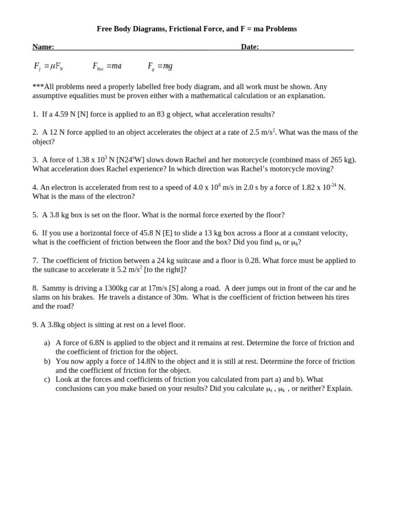 FBD Friction Net Force Acceleration Worksheet | PDF