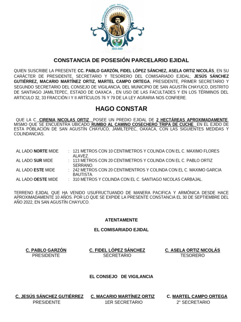 Acta de Posesión de Sitio Solar Ejidal | PDF