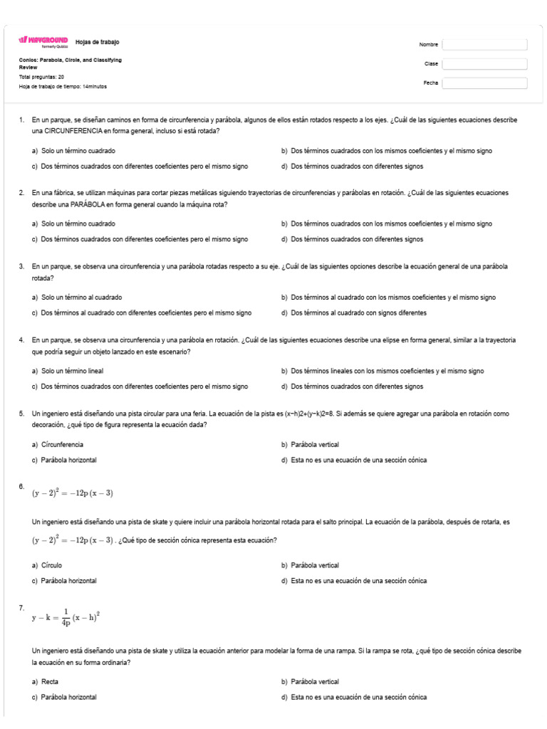 Modelo de Practica. Conics - Parabola, Circle, and Classifying Review ...