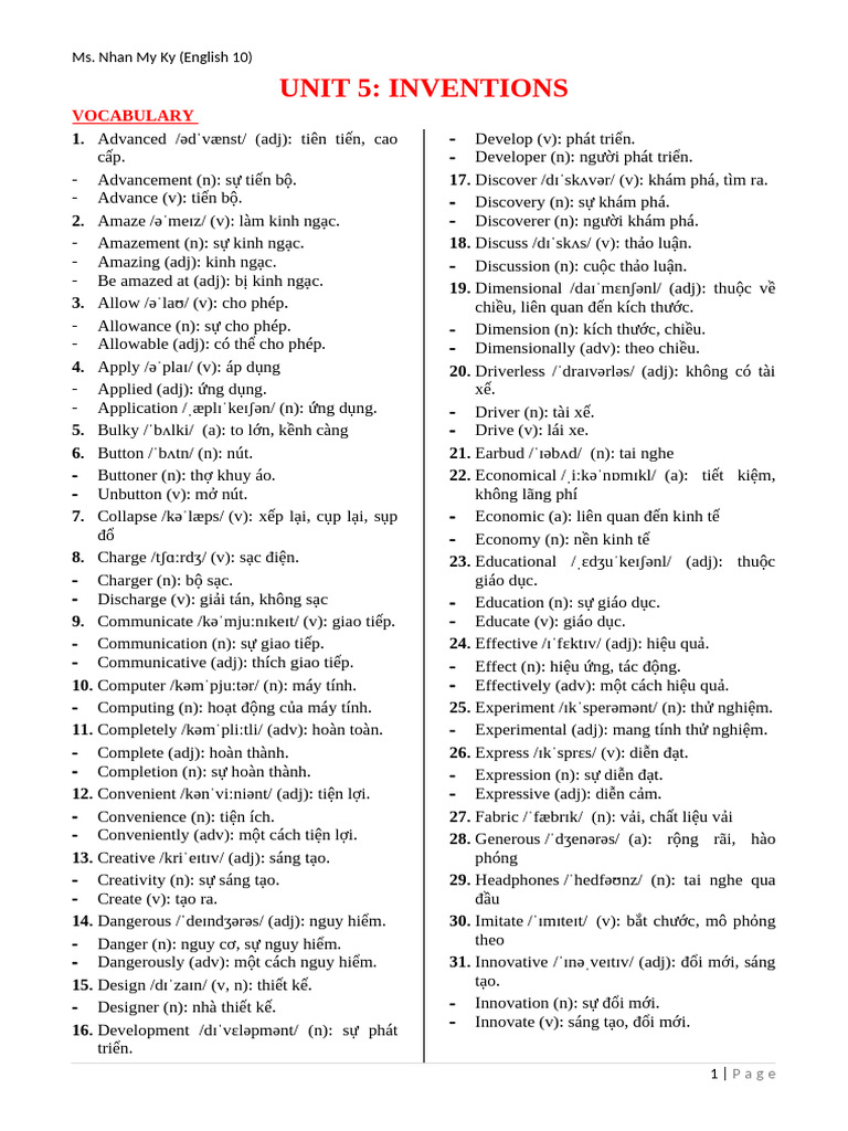 English 10 - Unit 5 Vocabulary + Grammar | PDF