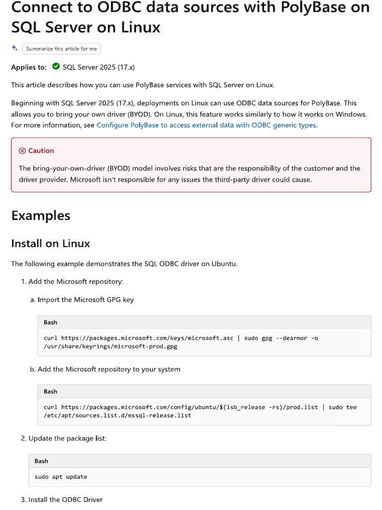 Connect To ODBC Data Sources With PolyBase On SQL Server On Linux | PDF