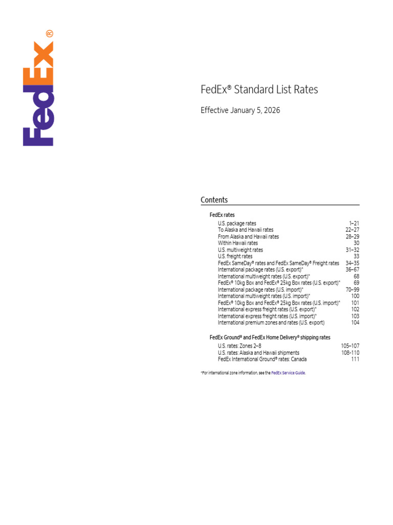 FedEx Standard List Rates 2026 | PDF | Fed Ex | Freight Transport
