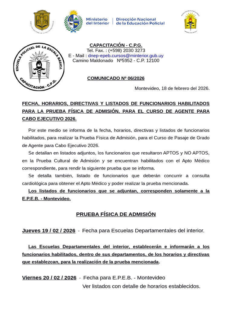 Comunicado N° 06-2026 - Prueba Física Admisión (Agte. x Cabo Ejec.) | PDF